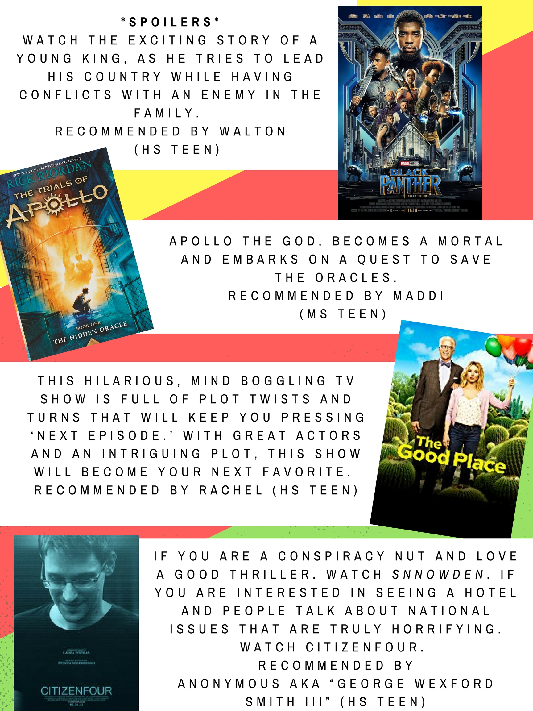 Teens Recommend…March TCC Book Selections – Read, Watch, Listen, Explore